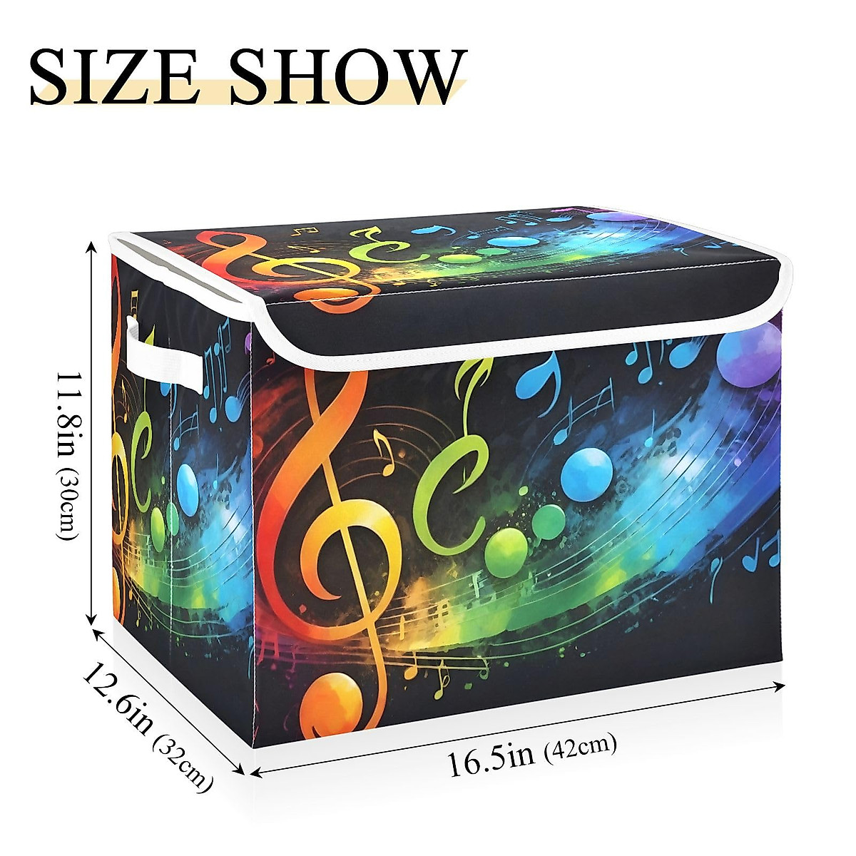 YMGQYJ Storage Cube with Lid Collapsible Rainbow Music Note Print, Large Capacity Foldable Storage Basket Bin Organizer 16.5×12.6×11.8 inches