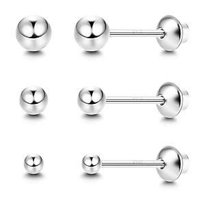 Sllaiss 3 Pairs Ball Stud Earrings Screw Back 925 Sterling Silver Cartilage Earrings Stud 14K Gold Plated Tiny Screwback Earrings For Women 2mm-4mm (Silver)