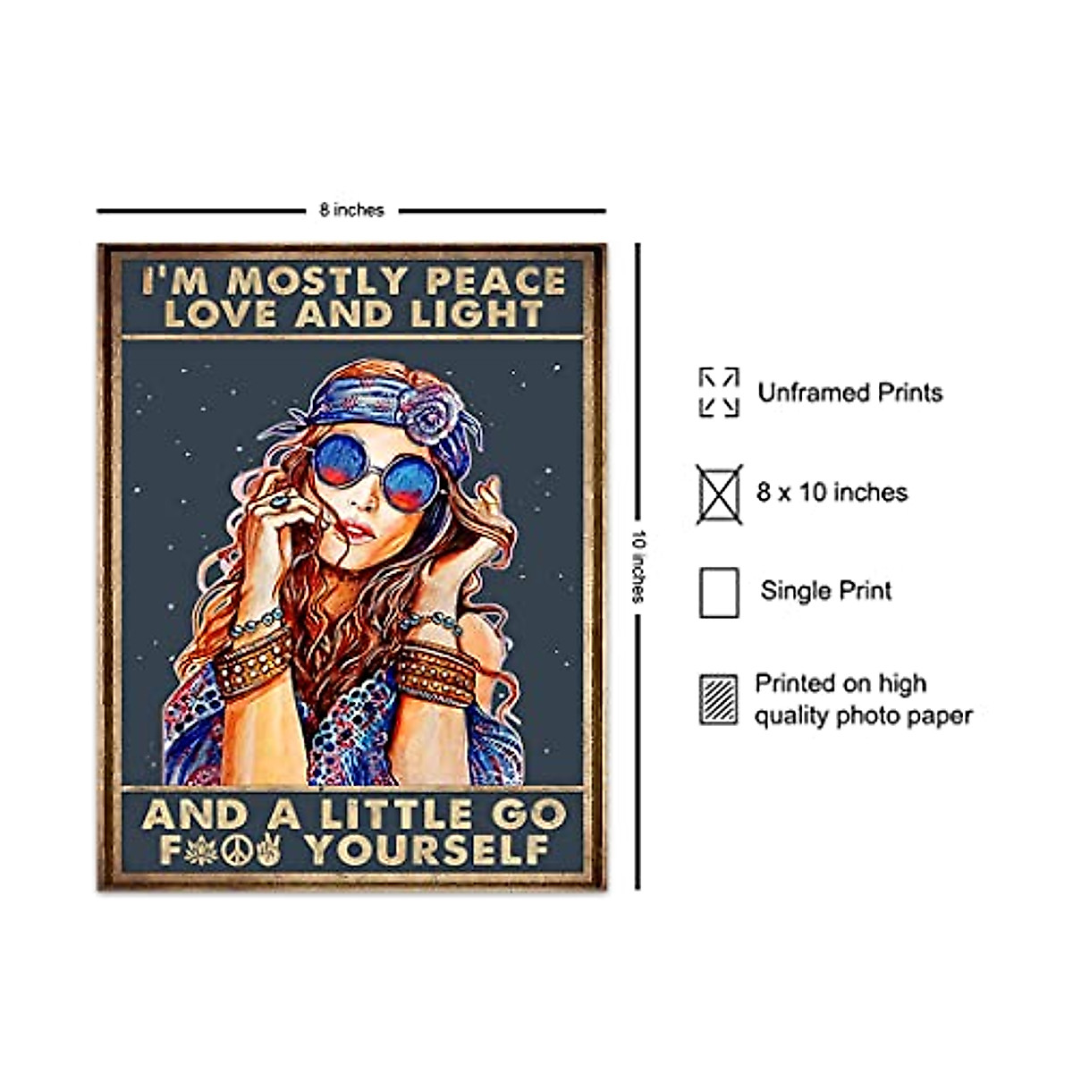 I'm Mostly Peace Love and Light Wall Art - Bohemian Boho Wall Decor - Inspirational Hippy Trippy Hippie Room Decor - Spiritual Motivational Poster - Funny Sayings Quotes - New Age Gifts for Women