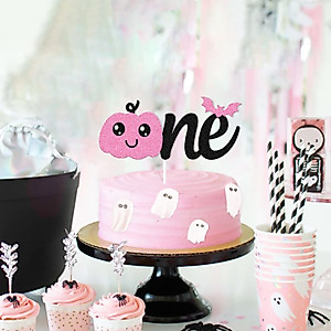 Halloween One Cake Topper Halloween Pumpkin Bat The Spooky One Theme Cake Decoration for Little Girl’s First Birthday Baby Shower Party Supplies