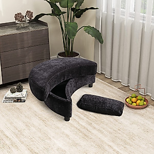 HABITRIO Storage Ottoman, Black Chenille Upholstered Half Crescent Moon Bench w/ 1 Toss Pillow, Tray Serve As Side Table, Padded Seat Dressing Shoe Bench Footrest for Living Room, Entryway, Hallway