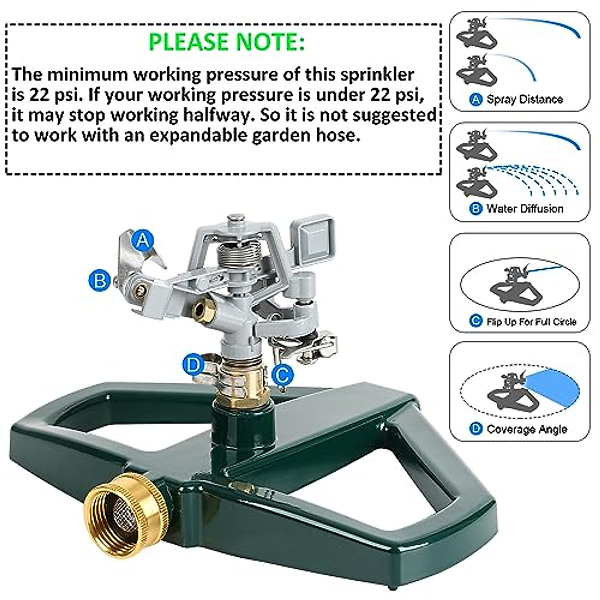 STYDDI Metal Pulsating Impact Sprinkler with Metal Base, Heavy Duty Adjustable Circular Zinc Impulse Sprinkler for Lawn, Yard and Large Area, Water Coverage up to 5,800 Sq. ft