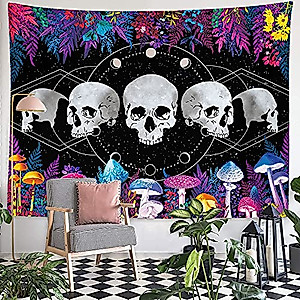 Jinxy Skull Moon Phase Mushroom Garden Tapestry, Psychedelic Floral Plant Tapestry, Wild Flowers Tapestry Home Decor Wall Hanging for Living Roomall Hanging for Living Room (Moon Phase Skull, 51.2" x 59.1")