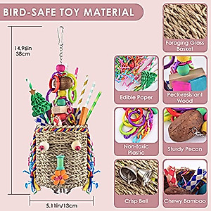 KATUMO Bird Foraging Toys, Seagrass Basket Bird Toy with Array of Chewable Parrot Toys for Small Medium Parrot Birds