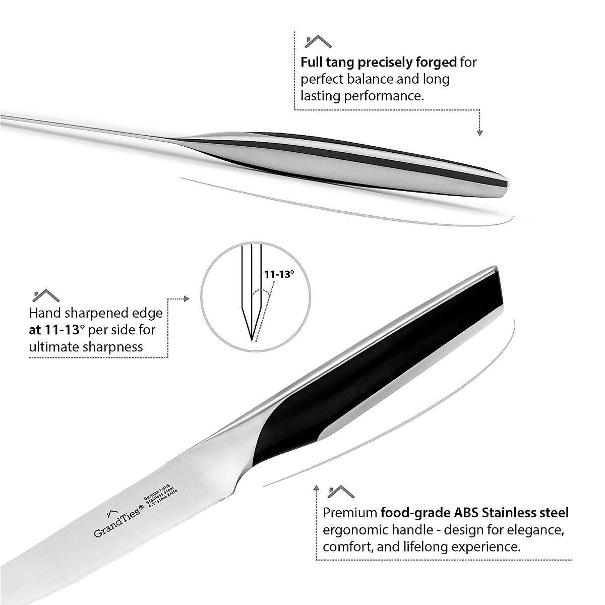 GRANDTIES FEINSTE Ultra Sharp Premium Steak Knife Non Serrated | High Carbon German Stainless Steel Steak Knives Set of 4 | Full Tang Knife Dinnerware Sets Gift with Designed Knife Box