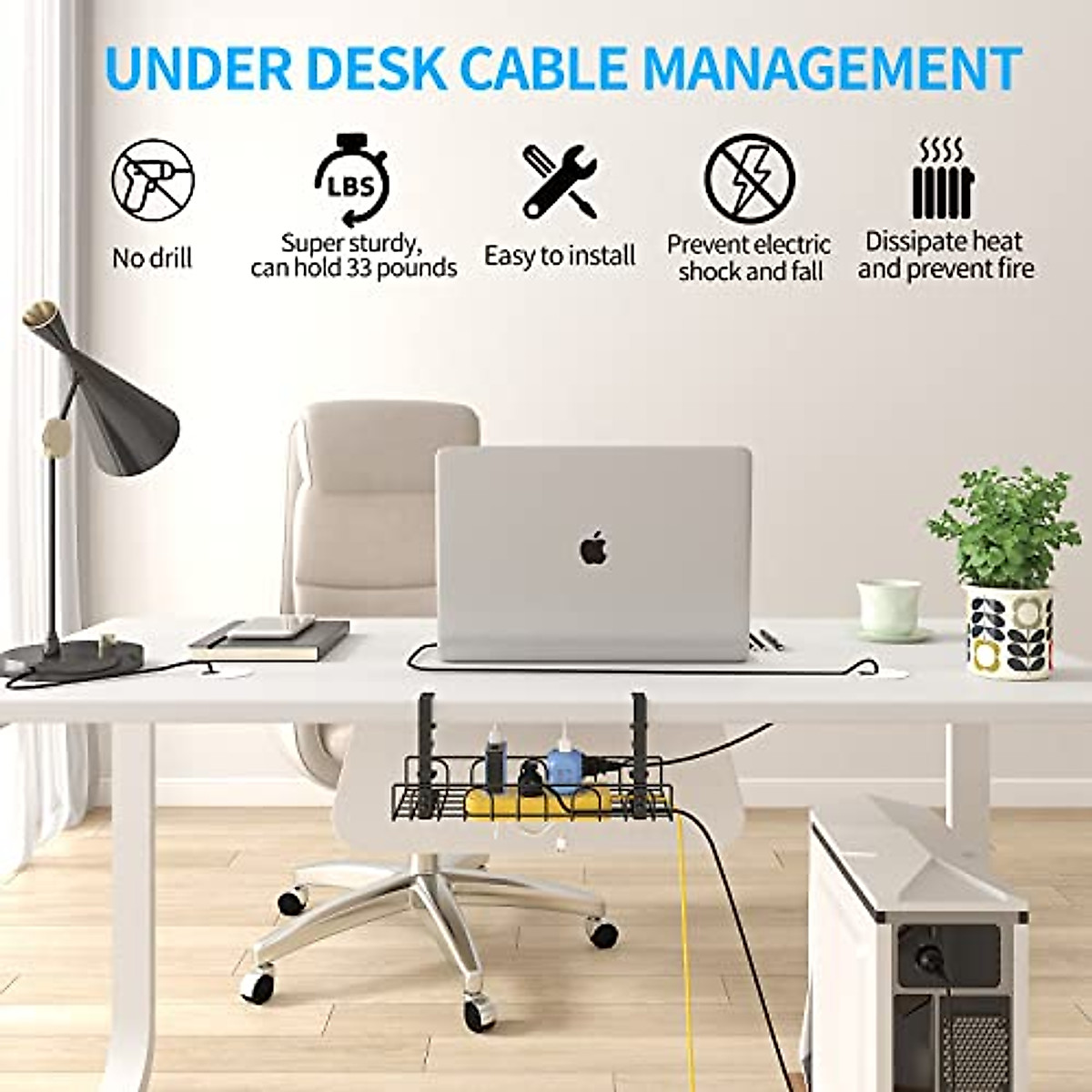 Under Desk Cable Management Tray - 15.7in 2Packs Metal Under Desk Wire Management, High Capacity Adjustable and Removable Cable Management Organizers Holder, No Drill & No Damage, for Office, Kitchens