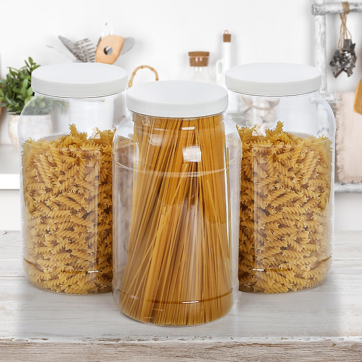 ZOOFOX 2 Pack Plastic Jars with Lids, 1 Gallon Wide Mouth Storage Containers, Empty Plastic Jars for Kitchen & Household Storage of Dry Goods, Peanut, Candy, Noodles