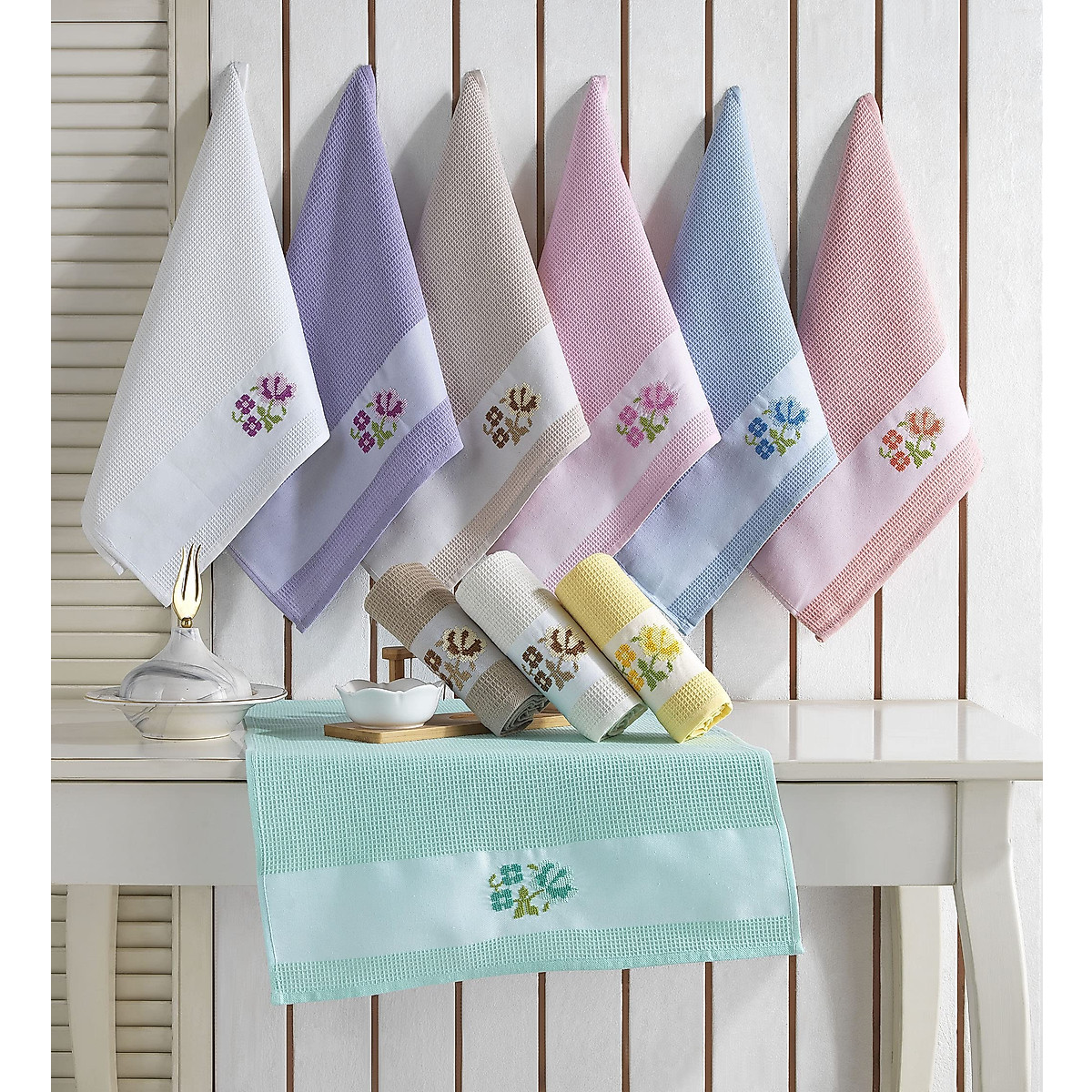 Kafthan - Dish Towels Set - Turkish Cotton Fast Dry Absorbent Kitchen Towels - Waffle Weave - Multicolor Soft Cleaning Towels - Reusable - Home and Kitchen - 18”x28” (Thrive(Floral), 10)