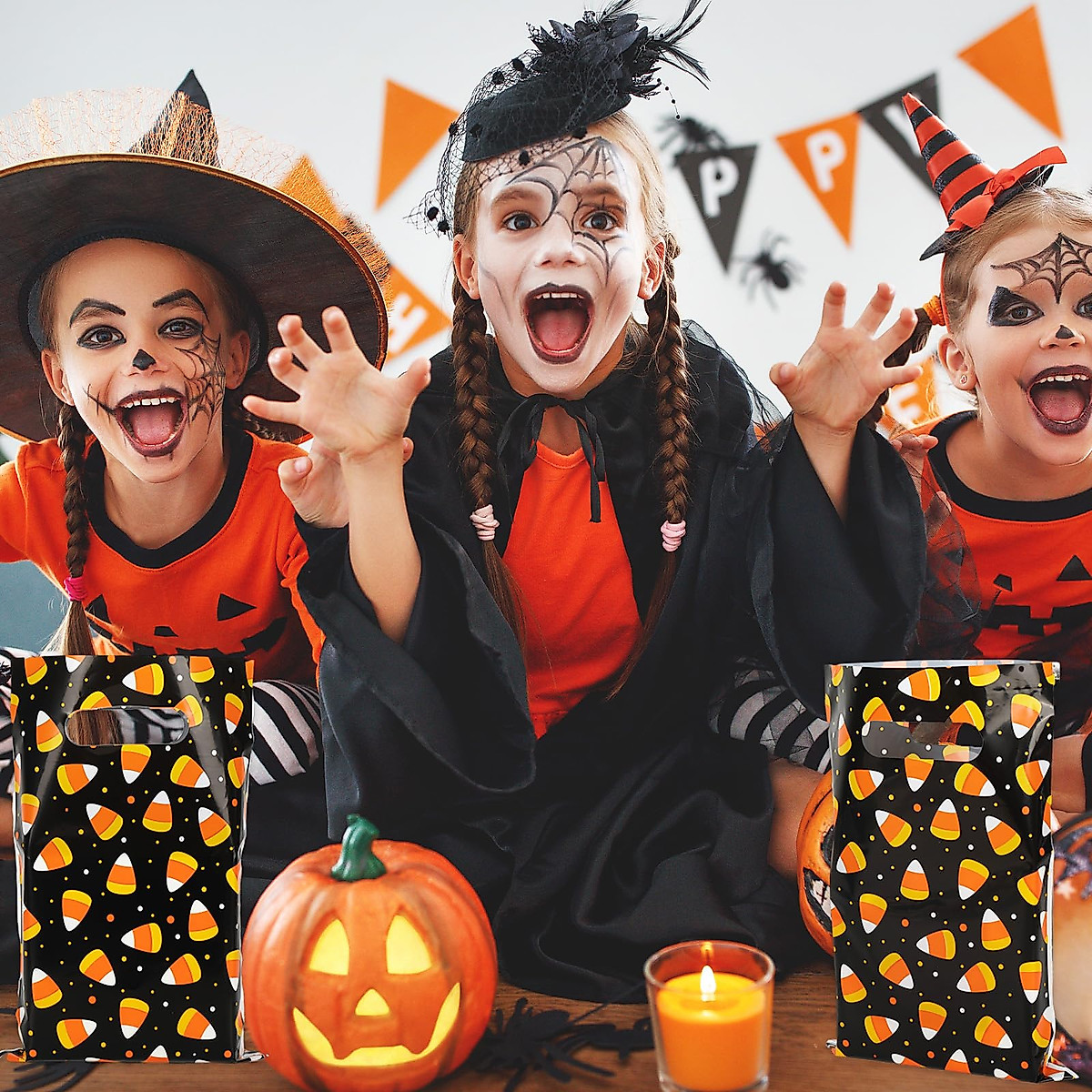 Whaline 72Pcs Halloween Trick or Treat Bags Halloween Party Favor Candy Bags Corn Treat Bags Plastic Goodie Candy Bags Gift Wrap Bags for Halloween Trick-or-Treating Event Party Supplies