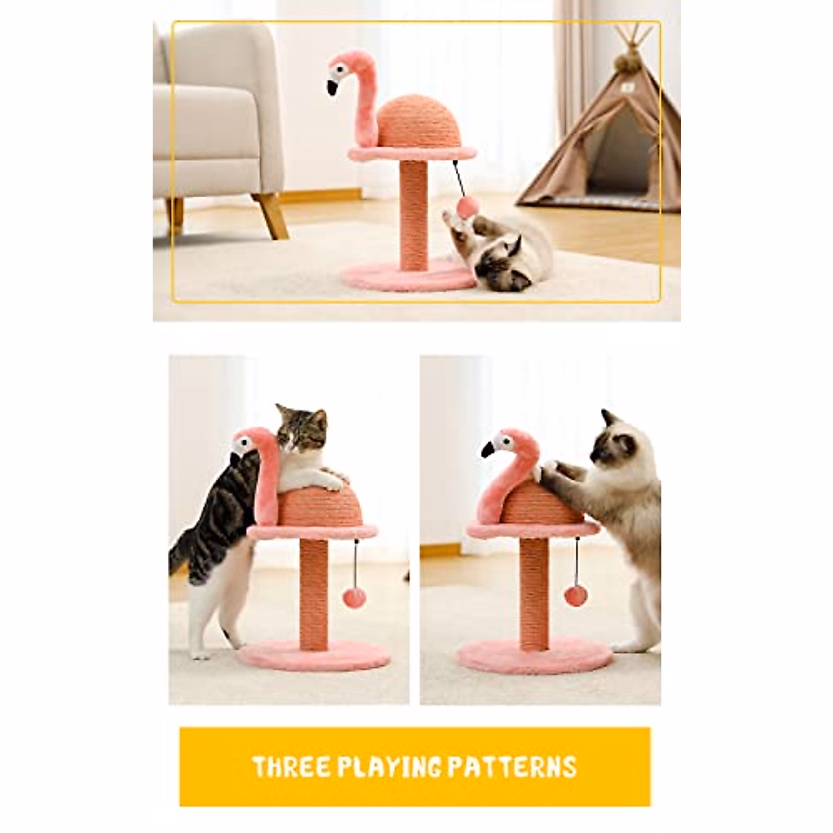 PETEPELA Cat Scratching Post, Flamingos Natural Sisal Cat Scratcher with Interactive Toy Ball and Extra Replacement Sisal Scrathing Pole for Kittens and Small Cats Pink
