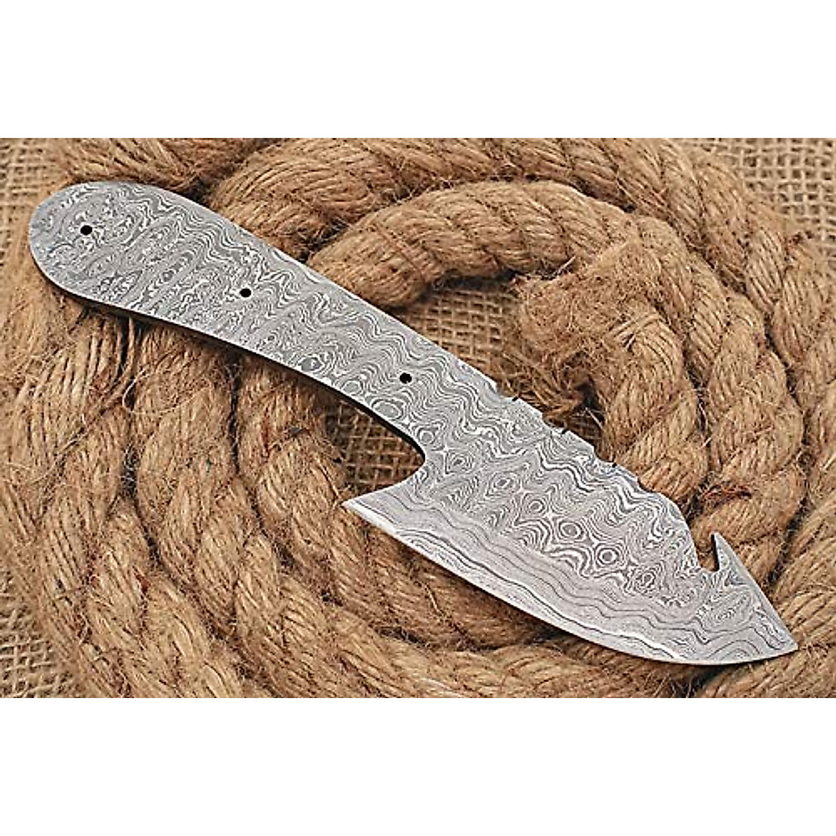 8 inches long hand forged spear point gut hook skinning knife blade, knife making supplies, Damascus steel blank blade Pocket knife with 3 Pin hole, 3.5 inches cutting edge, 4.25" scale space