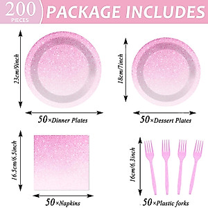 200 Pcs Ombre Pink Tableware Set Gradient Light Pink Party Decors Paper Plates Napkins Pastel Pink Sprinkle Dinnerware Party Supplies for Girl Woman Birthday Wedding Anniversary for 50 Guests