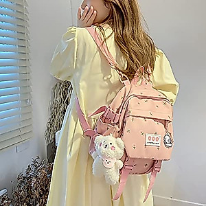 LOVEMORE Aesthetic Kawaii Backpack for School Japanese Cute Mini Backpack for Teen Girls Flowers School Bag with Kawaii Pendants (Pink,with 1 Bear+1 Acrylic Pendant)