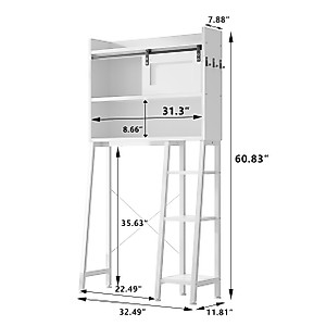 MU Over The Toilet Storage Cabinet with Sliding Door, 32.5" W Free Standing Toilet Shelf Space Saver with 3 Side Hooks & Anti-Tip Design, Space-Saving Toilet Rack for Bathroom, Laundry, White