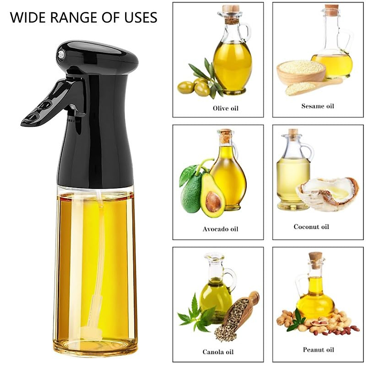 Olive Oil Sprayer for Cooking - 200ml Glass Oil Dispenser Bottle Spray Mister - Refillable Food Grade Oil Vinegar Spritzer Sprayer Bottles for Kitchen, Air Fryer, Salad, Baking, Grilling, Frying (Black)