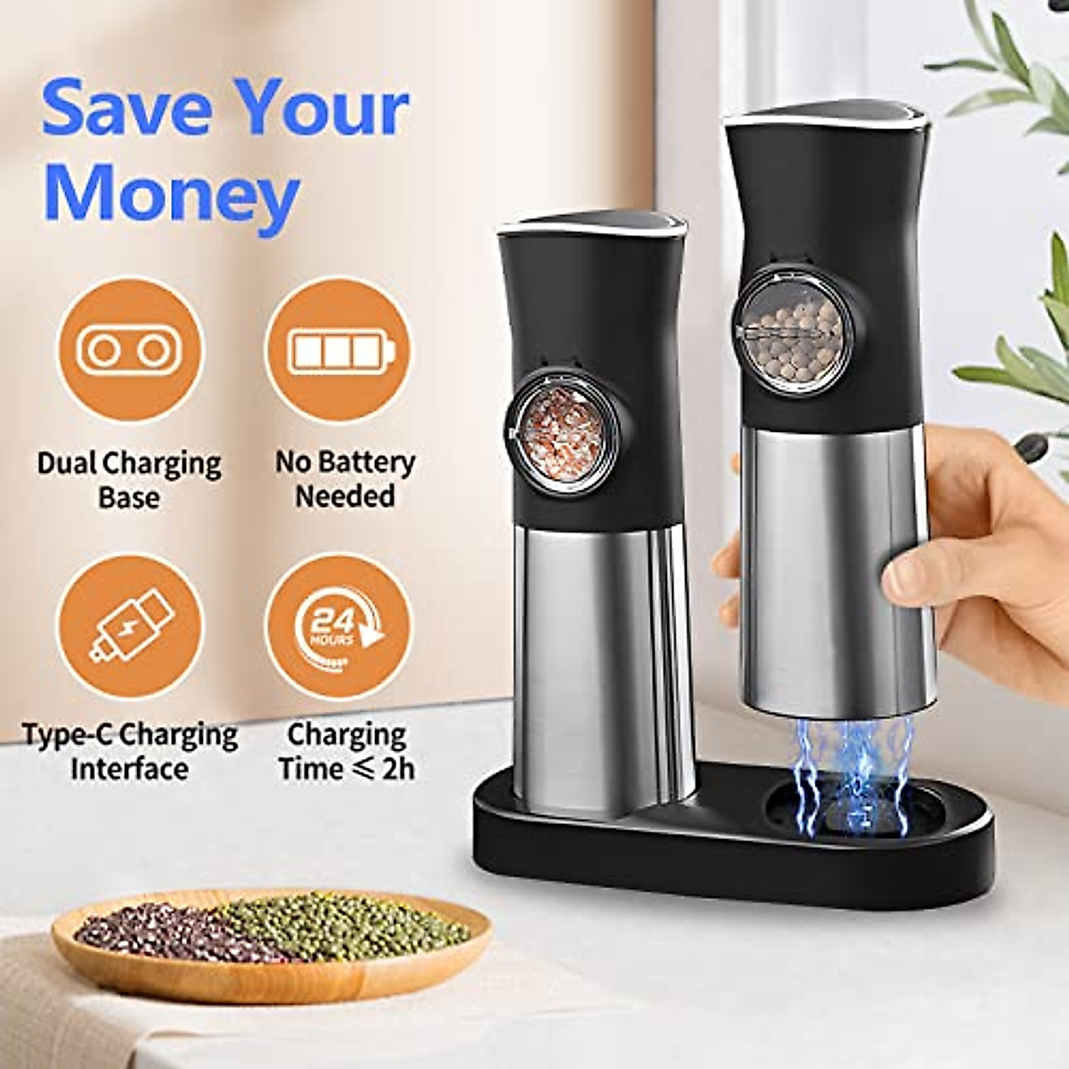 2023 Upgraded Electric Salt and Pepper Grinder Set Rechargeable, Automatic Salt and Pepper Grinder with LED Light, Adjustable Coarseness One Hand Operation Gravity Pepper Mill Grinder Refillable