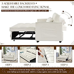 Velvet Pull Out Sleeper Sofa Bed, Convertible Futon Couch Bed with Adjustable Backrests, 3 in 1 Modern Loveseat with 2 Pockets and Pillows, Small Love Seat for Living Room, Guest Room, Off White