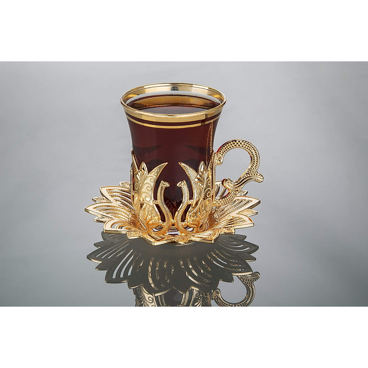 LaModaHome Golden Tea Set of 6 and Tray - Includes 6 Glasses, 6 Saucers Holders, and a Tray - VIP Special Serving Turkish Tulip - Arabic, Moroccan Coffee Sets - Cups and Mugs