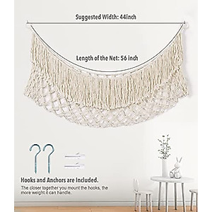 Large Stuffed Animal Hammock - [56'' Wide/Upgraded Handwoven Macrame/Cream] Toy Storage Net Hammock for Flat Wall, Hardware Included