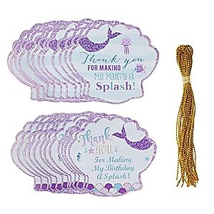 Penta Angel 24Pcs Mermaid Thank You Tags with String Paper Gift Goody Bags Hanging Labels for Girls Birthday Wedding Under The Sea Themed Party Favors