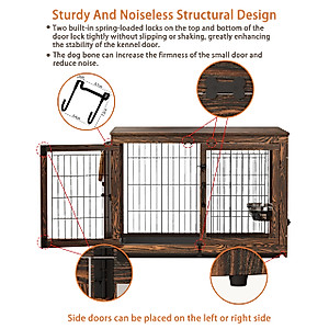Piskyet Wooden Dog Crate Furniture with 360°Rotatable Removable Dog Bowls, Dog Crate End Table with Tray, Double Doors Dog Kennels for Dogs(XL:43.2" L*28.6" W*30.3" H, Rustic Style)
