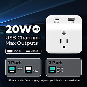 KMC USB-C PD Surge Protector 3-Outlet Wall Tap, USB-C Power Delivery Charger and USB-A Fast Charging Port, 500J Surge Protection, Wall Mountable Outlet Adapter for Home, Office, Dorm Essentials, White