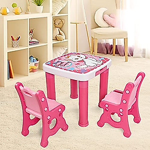Costzon Kids Table and Chair Set, 3-Piece Toddler Activity Table and Chairs with Storage Drawer, Height Adjustable Chair, Children Desk Furniture Set for Drawing Reading Snack Time Art Craft (Pink)