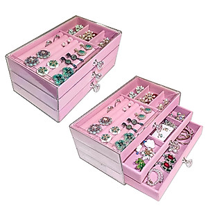 Jemjosh Clear Acrylic Velvet Jewelry Organizer with 3 Drawers, Stackable Display Storage Earrings Necklace Rings Bracelets Box Holder Case for Women, Pink