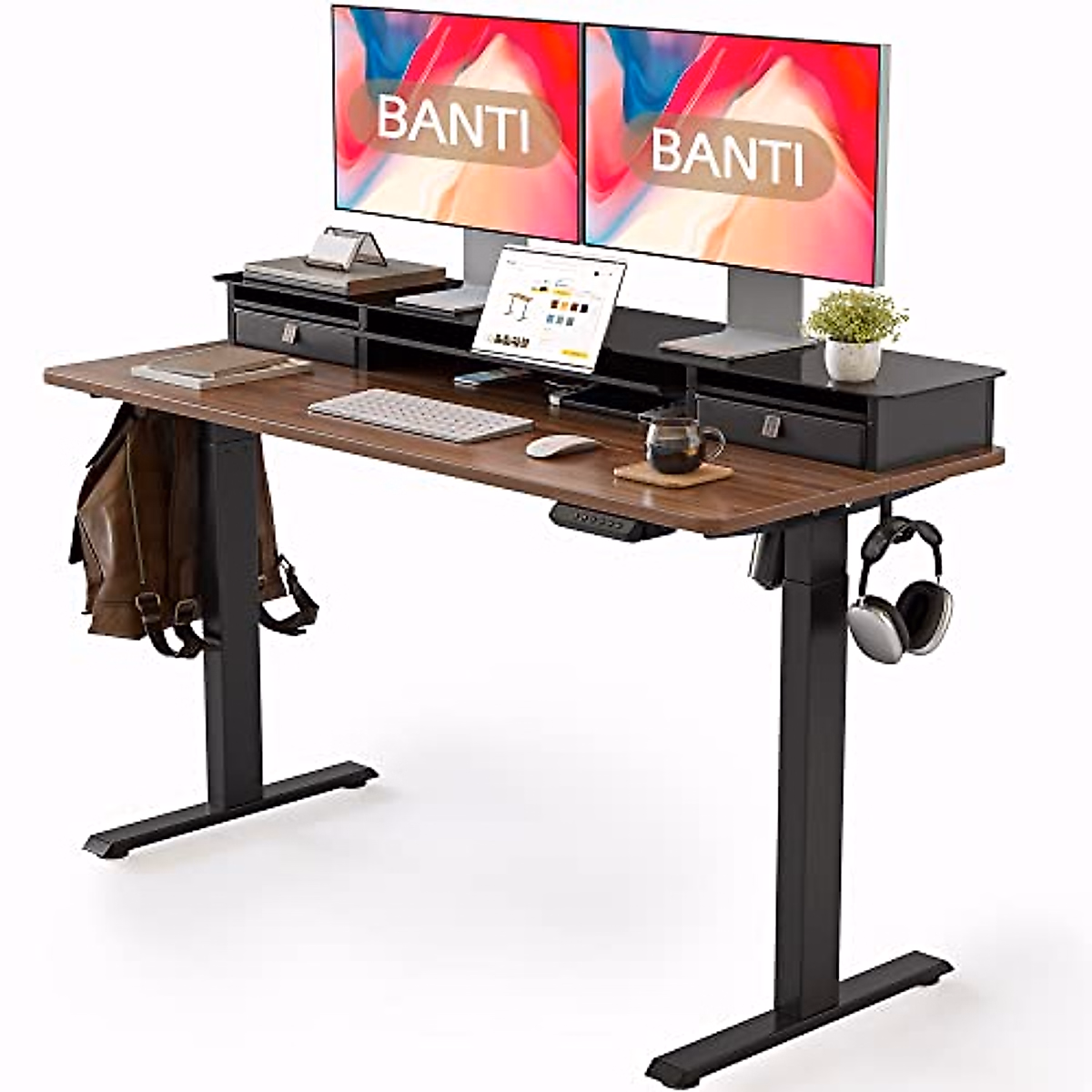 BANTI 55"x 26" Electric Standing Desk with Glass Top Monitor Stand, Adjustable Sit Stand Up Table with Double Drawer, Sit Stand Desk with Storage Shelf, Black Walnut Top