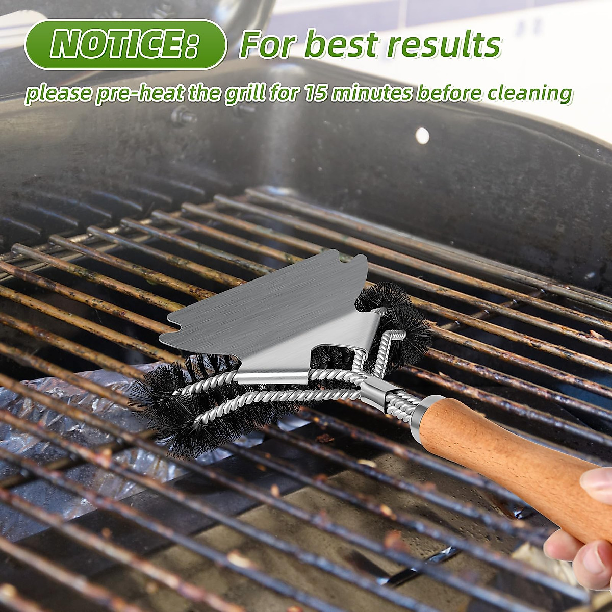 SUBEKYU Grill Brush for Outdoor Grill, 15.3'' BBQ Grill Scraper Cleaning Brush for Outdoor Grill, Safe Stainless Steel Grill Cleaner Scrubber with Scraper, Beech Wood Handle, 1Pack