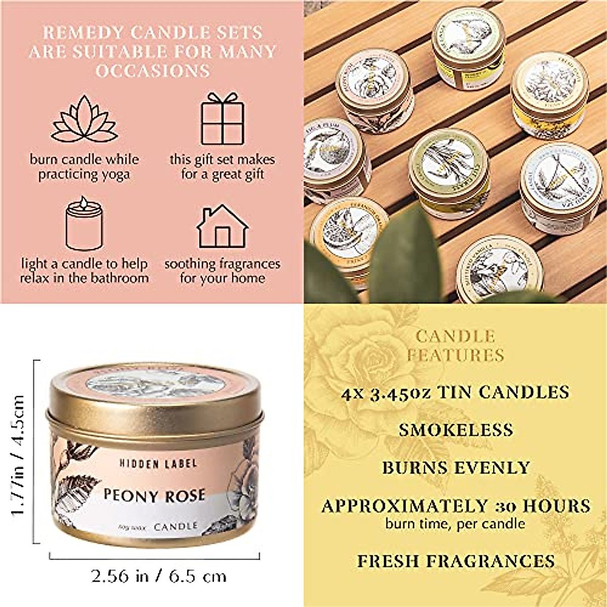 Hidden Label Scented Candles Gifts for Women, Remedy Collection Small Soy Candles 4pack 3.45oz Travel Tin, Gifts for Birthday Valentines Day Mothers Day Christmas(Set1)