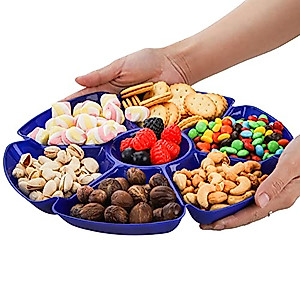AVLA 12 Pcs Plastic Snack Serving Tray, 12 Inch Unbreakable Chip and Dip Divided Serving Plates, Round 7 Compartments Multifunctional Food Platter for Snack, Nuts, Candy, Dried Fruit, Veggies