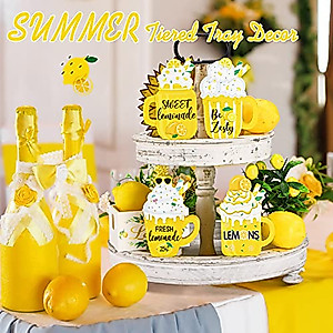 4 Pcs Lemon Tabletop Mug Sign Decor Lemon Table Decor Summer Lemon Tiered Tray Decor Farmhouse Wood Tiered Tray Decor Kitchen Standing Sign for Home Decor