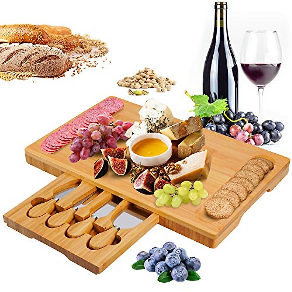Bamboo Cheese Board Set with Drawer Wooden Charcuterie Tray Platter Including 4 Stainless Steel Knife and Serving Utensils, Gift Idea for Birthdays, Wedding Registry, Housewarming