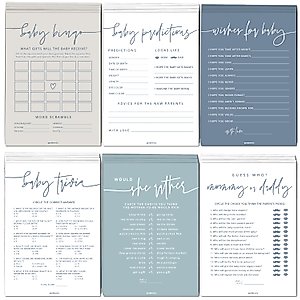 GardenCity Baby Shower Games for Boy - Set of 6 Baby Shower Games for 25 Guests, Double-Sided Thick Cards, Gender Neutral, Minimalist Blue