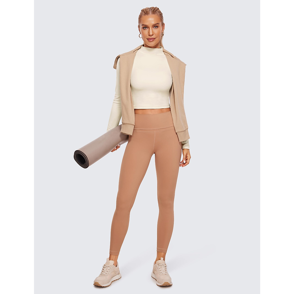 CRZ YOGA Womens Butterluxe Mock Turtleneck Long Sleeves Crop Tops Slim Fit Workout Casual T-Shirt Base Layer Fall Shirts White Apricot Medium