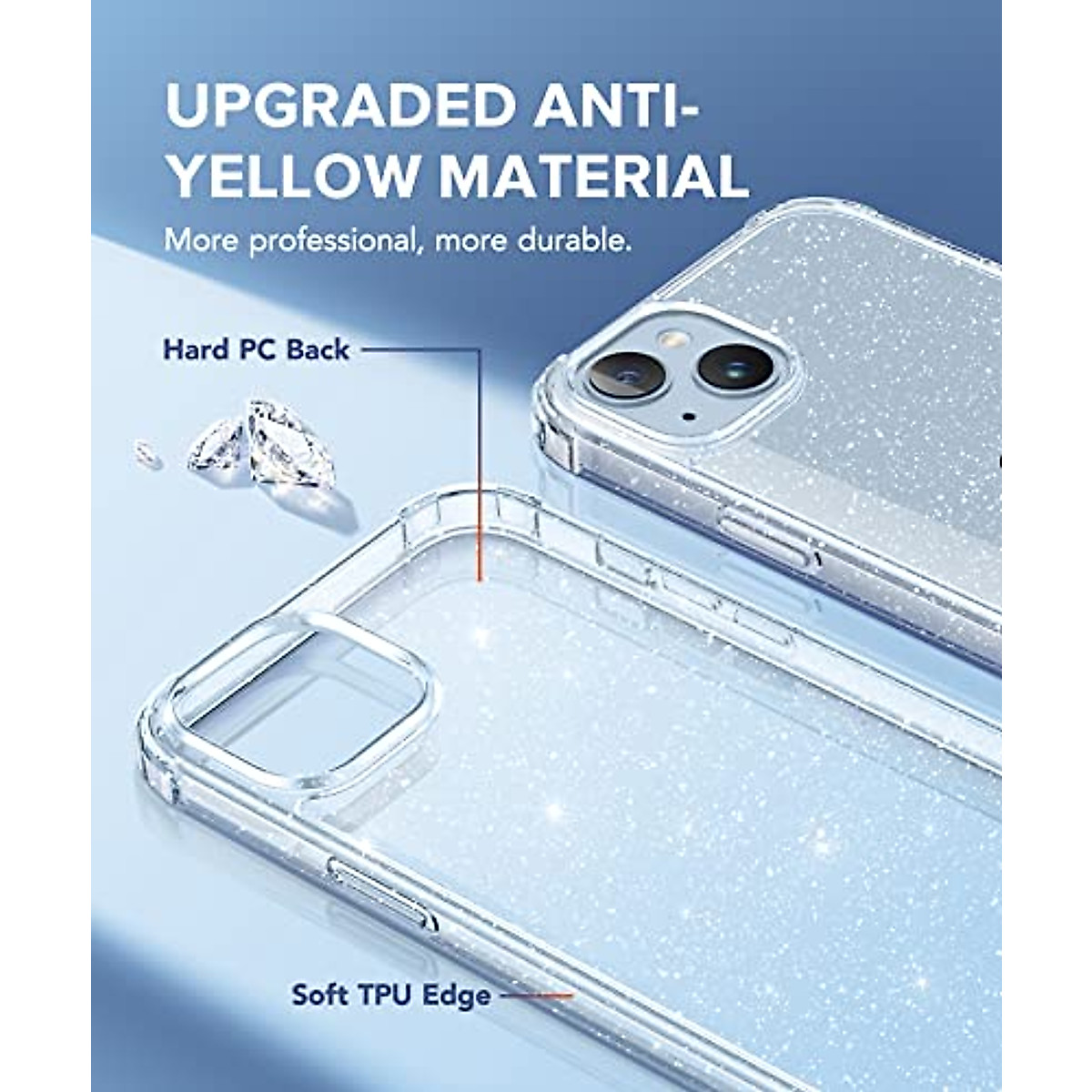 BERFY for iPhone 14 Case Glitter, with 2X Screen Protector + 2X Camera Lens Protector, [Not Yellowing] Sparkly Crystal Shockproof Hard Back Slim Protective Phone Cover for Women, 6.1" (Glitter Clear)