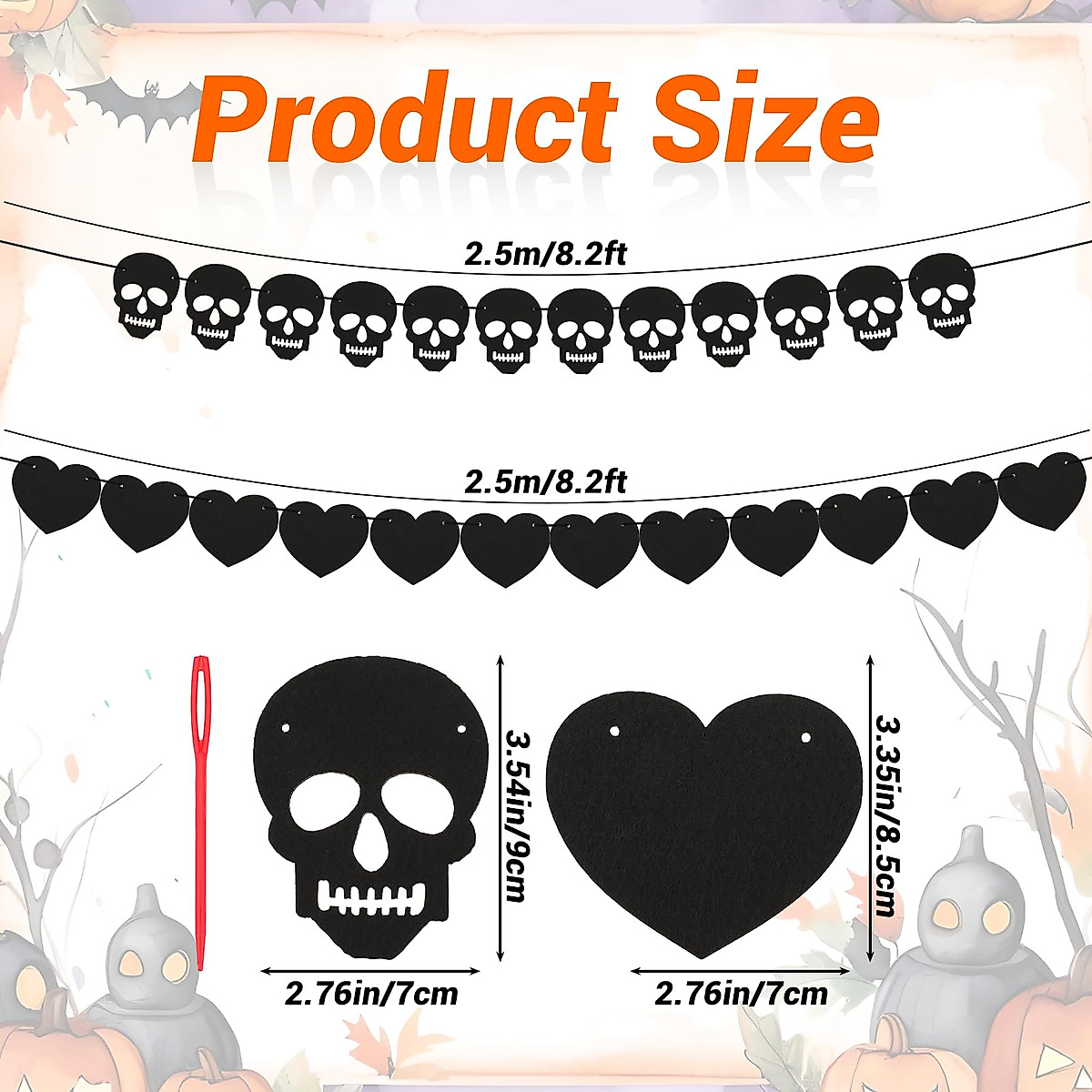 2 Set Gothic Banner Halloween Garland Black Heart Skull Felt Decor for Birthday Goth Wedding DIY Home Bachelorette Party Farewell Shower Decorations Indoor Outdoor