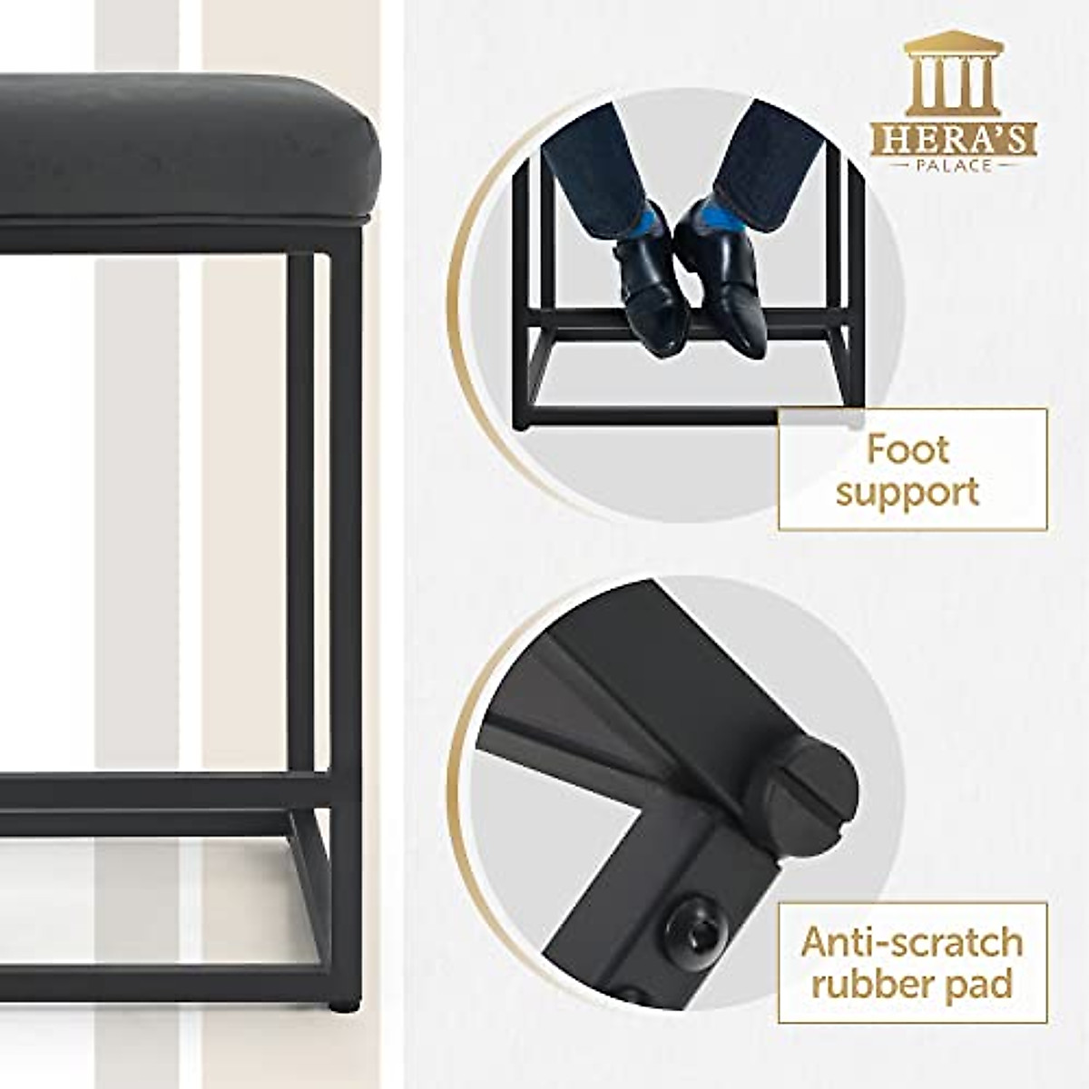 HERA'S PALACE Bar Stool Counter Height Modern Barstools Bar Height Without Back, 24" Leather Bar Chairs Industrial with Footrest for Kitchen, Living Room, Dining Bar, Indoor, Black