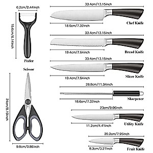 KIMIUP 9 Pieces Kitchen Knife Set with Block,5 Stainless Steel Knives and Scissors Peeler Knife Sharpener with Stand 360 Degree Revolving Base,Black Handle