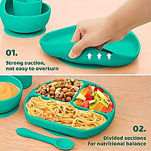 Silicone Baby Feeding Set - 6 Pack Baby Led Weaning Supplies for Infant & Toddlers 6+ Months, Baby Eating Supplies with Suction Bowl & Plate, Bib, Training cup, Spoon, Fork - Dishwasher Safe - Green