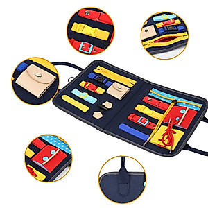 FBve Toddler Busy Board, Montessori Basic Skills Activity Board for Fine Motor Skills & Learn to Dress - Educational Learning Toys for Toddlers - Sensory Toy for Airplane or Car Travel