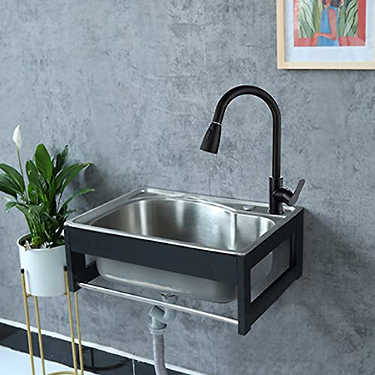 Utility sink,single bowl kitchen sinks,wall mounted stainless steel utility sink,304 stainless steel wall mount single slot with towel rack for garage, garden, kitchen, home (Size : 37 * 32cm)