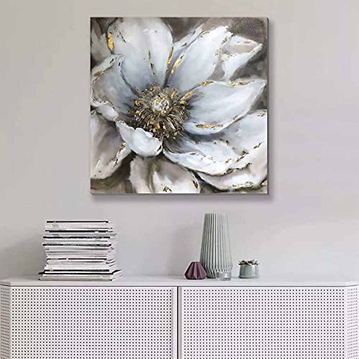 Wallpaint - Black and White Flower Wall Art with Texture and Gold Foil, Elegant Blooming Floral Picture Canvas Wall Decor for Living Room Bedroom - 30"x30"