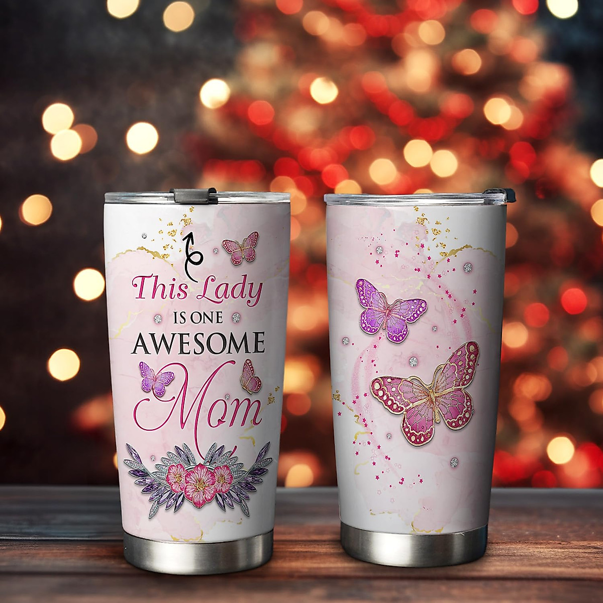 20oz Jewelry Crystal Butterfly Mom Tumbler, This Lady is one Awesome Mom, Mother, Grandma Gifts, Coffee Thermos for Women, Stainless Steel Double Wall Vacuum Insulated Coffee Mug, Travel Cup with Lid