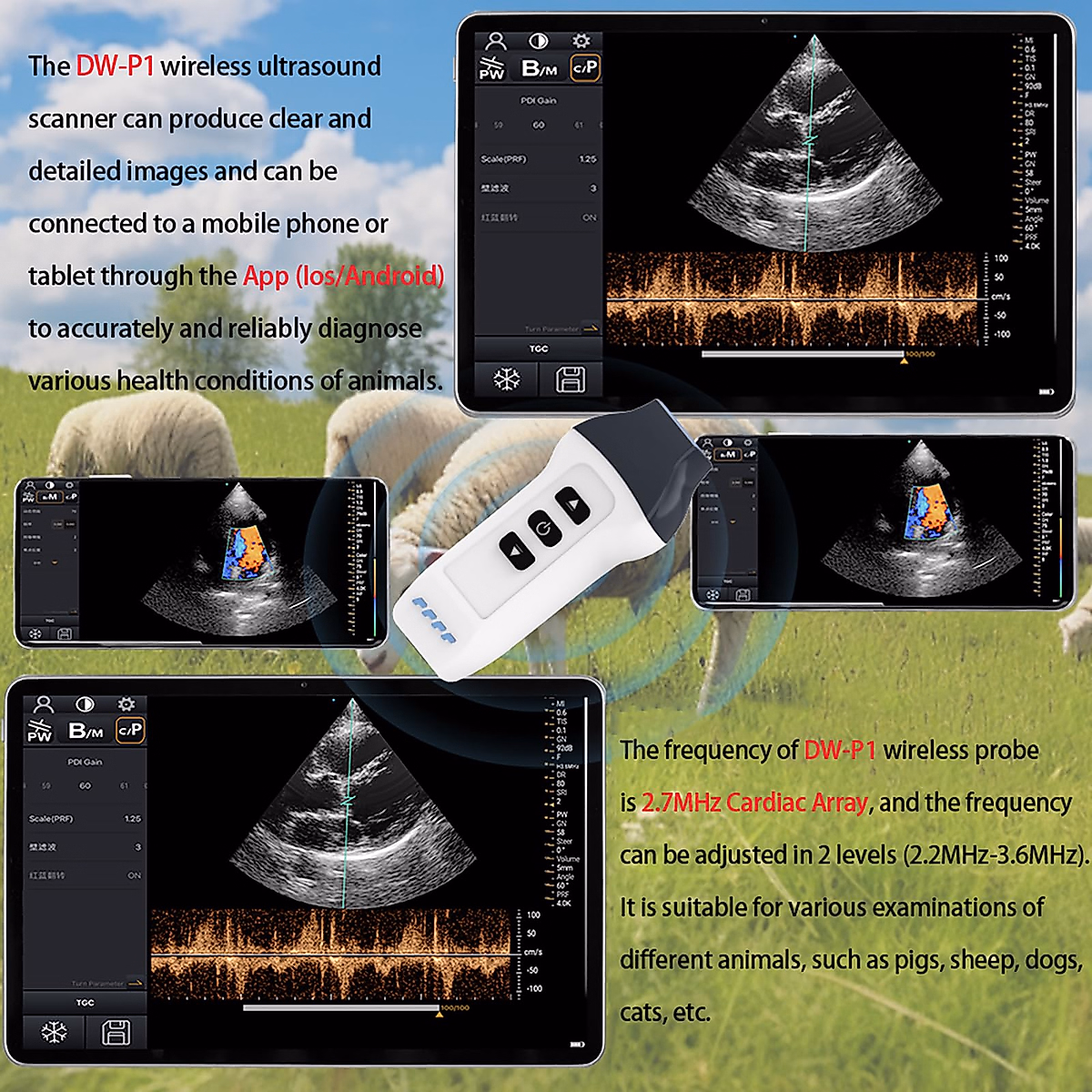 DAWEIanimed Wireless Color Doppler Ultrasound Machine 2.7MHZ Phased Probe, Wireless Ultrasound Machine for Android and iOS, Handheld Ultrasound Scanner for Dog, Pig, Sheep, Cat