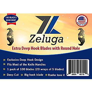 Zeluga DHB100BP 100 pieces Utility Deep Hook Blades with Round Hole Carbon Steel Hook Razor Blades Knife Blades for Roofing and Carpet