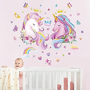 decalmile 2 Large Size Unicorn Wall Decals Pink Rainbow Heart Wall Stickers Girls Bedroom Baby Nursery Kids Room Wall Decor Gifts for Kids