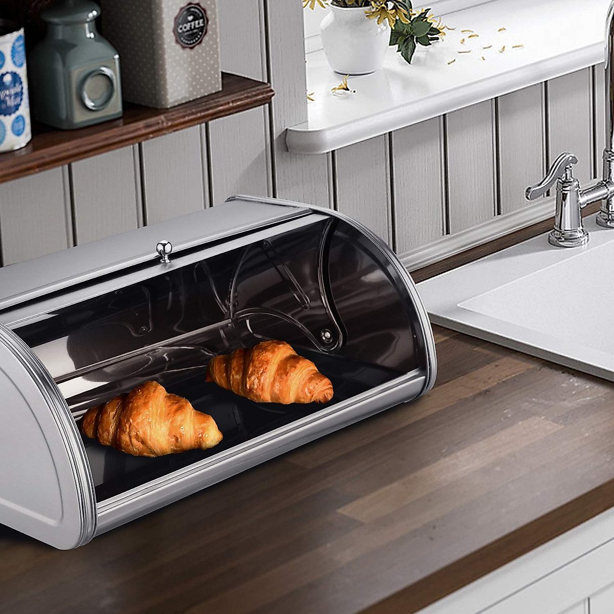 Stainless Steel Bread Box with Roll Up Lid, For Easy Kitchen Counter Storage, Bread Bin Holder,17.5X11.5X7.5 inch, Matte Black