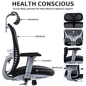 KARXAS Ergonomic Office Chair High Back Desk Chair with Adjustable Lumbar Support, Headrest & 3D Metal Armrest - 130° Rocking Mesh Computer Chair（Black&Grey）